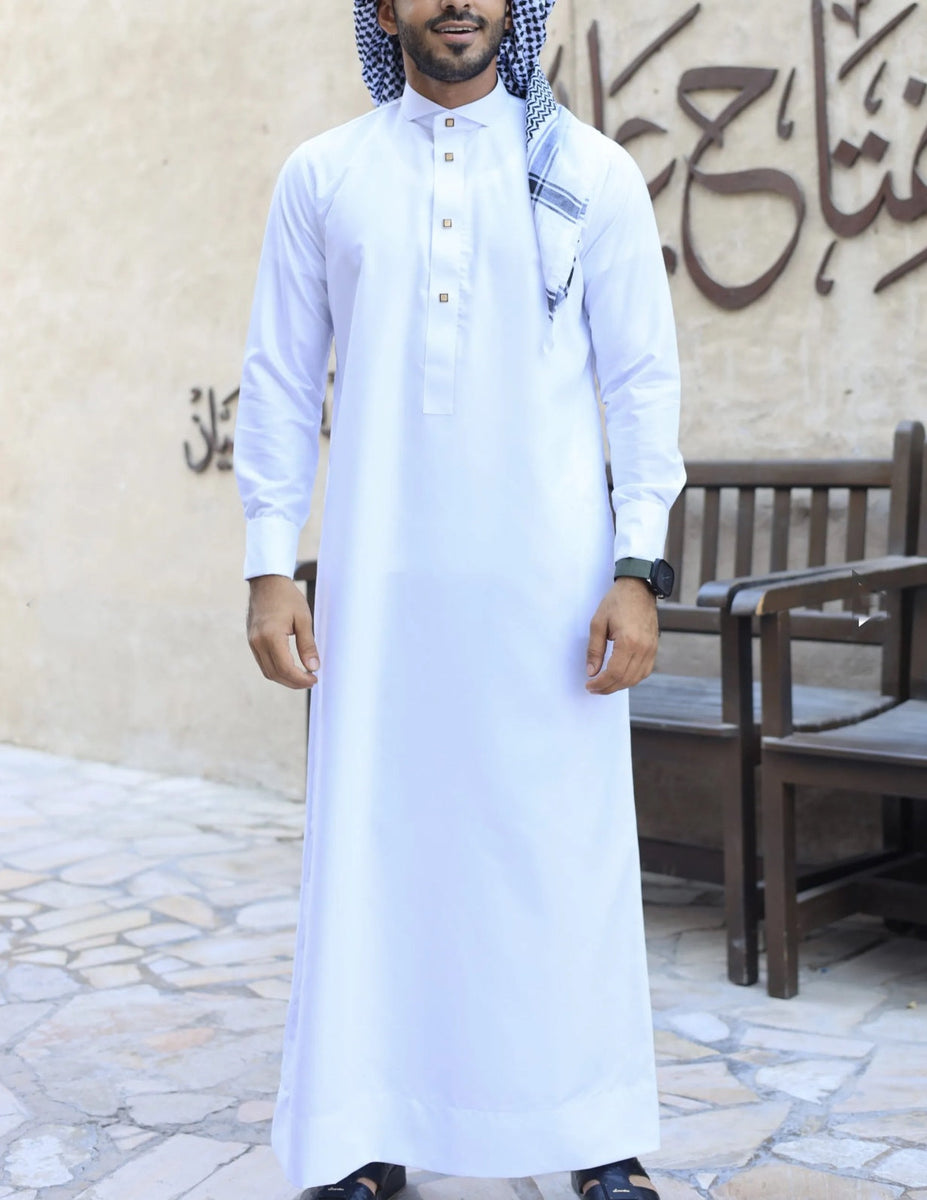 White Thobe With Gold Buttons Luxury Thobes by Al Aniq – TheHijabWorld